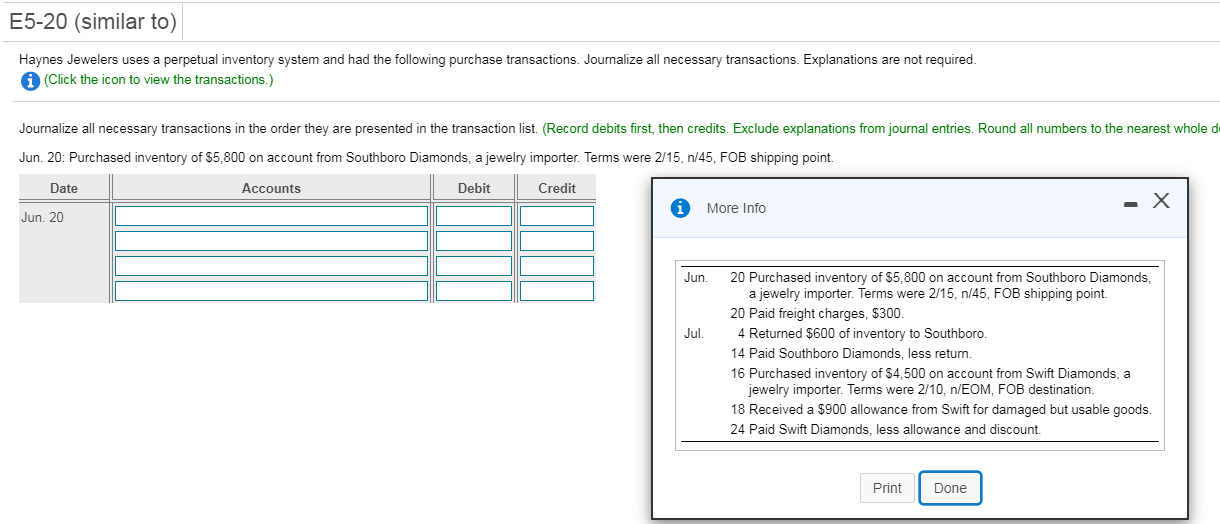 Solved E5-20 (similar to) Haynes Jewelers uses a perpetual | Chegg.com