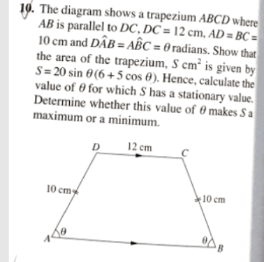 Solved 10. The diagram shows a trapezium ABCD where AB is | Chegg.com
