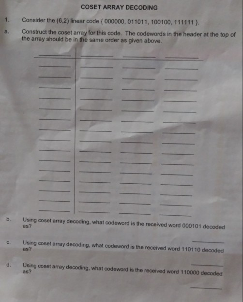 Solved COSET ARRAY DECODING 1. Consider the (6,2) linear | Chegg.com