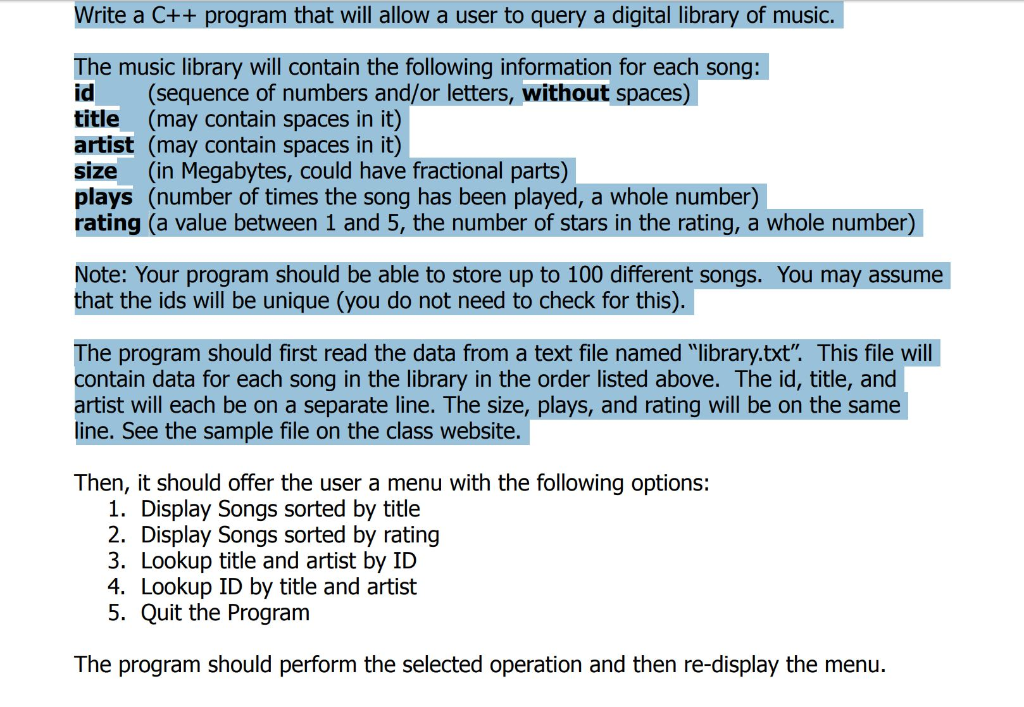 Solved output sample: Menu 1. Display Songs sorted by | Chegg.com