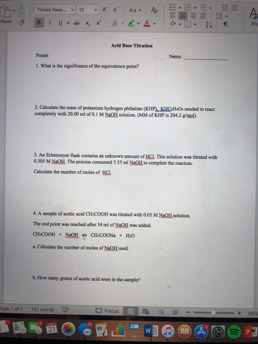 Solved Acid Base Titration Prelab Name: 1. What is the | Chegg.com