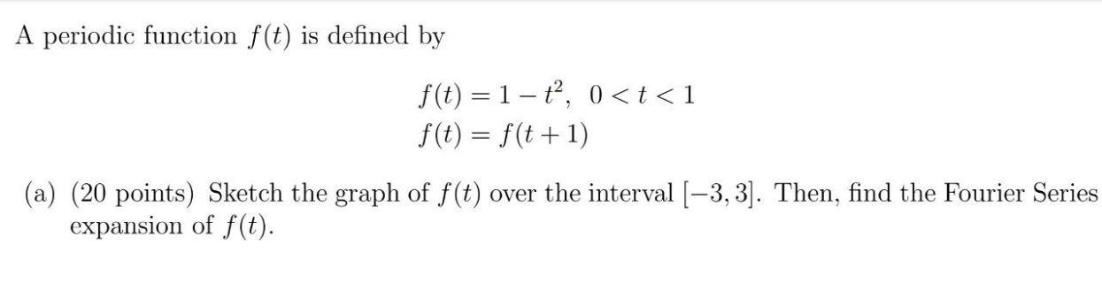 Solved A periodic function f(t) is defined by f(t)=1-t², 0