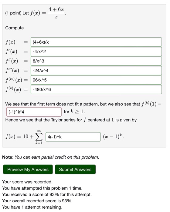 Solved (1 point) Let f(x) = 4 + 6x Compute f(iv) (x) = | | Chegg.com