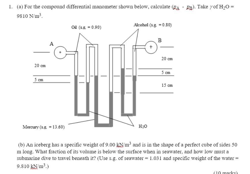 Solved 1. (a) For the compound differential manometer shown | Chegg.com