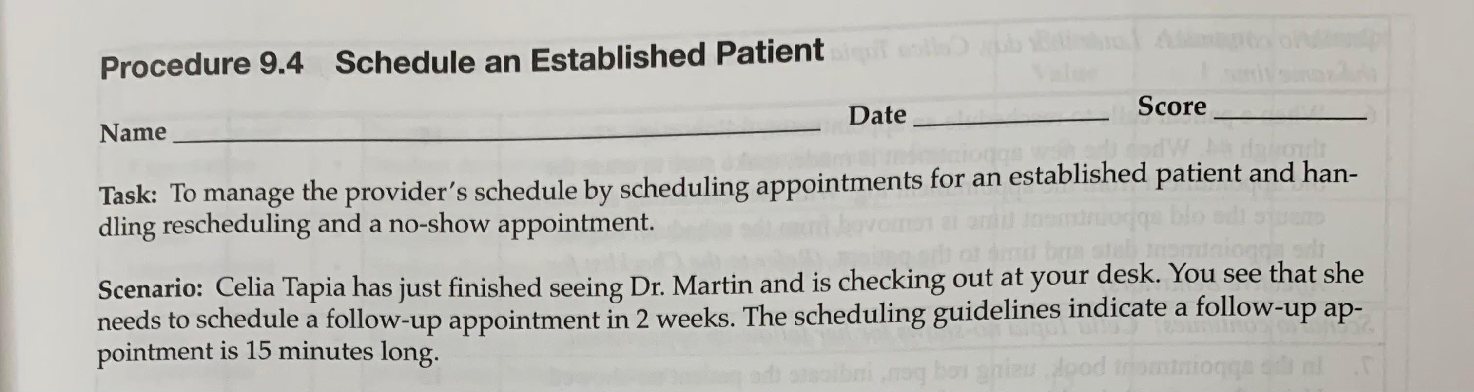 Solved Procedure 9.4 Schedule an Established Patient Date | Chegg.com
