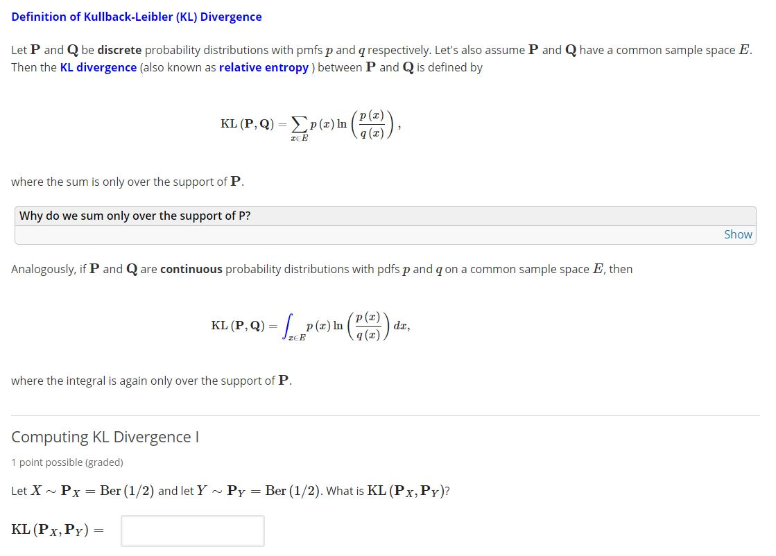 Solved Definition of Kullback-Leibler (KL) Divergence Let P | Chegg.com