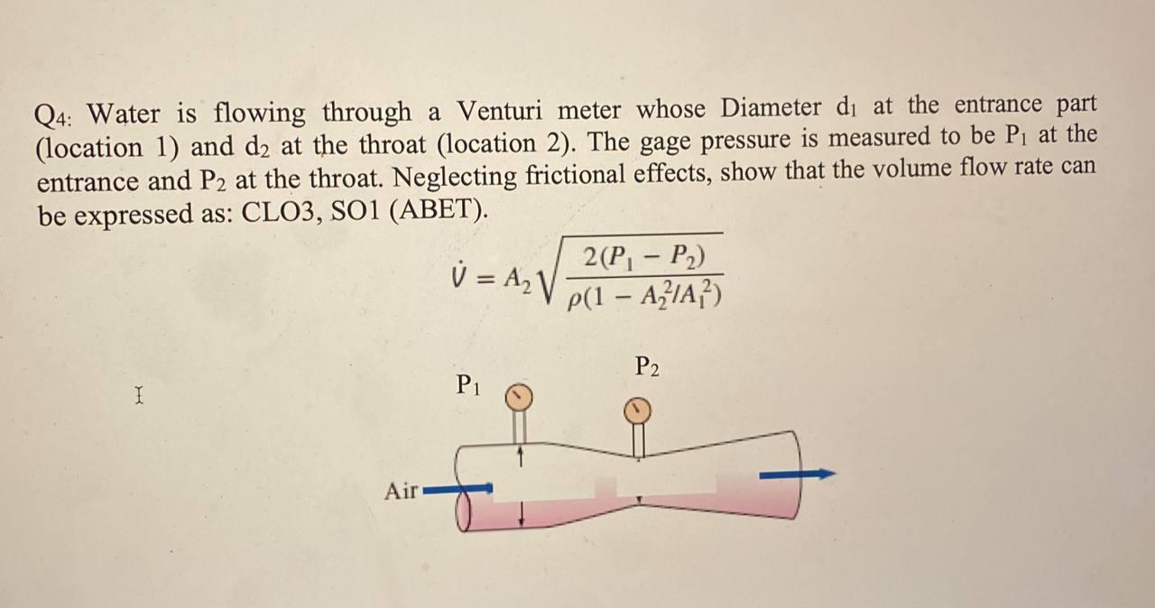 Solved Q4: Water is flowing through a Venturi meter whose | Chegg.com