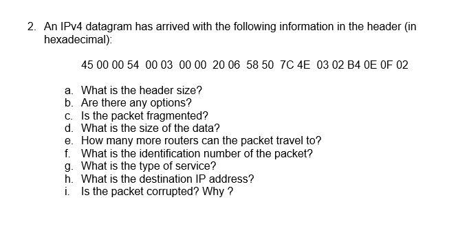 Solved 2. An IPv4 datagram has arrived with the following | Chegg.com