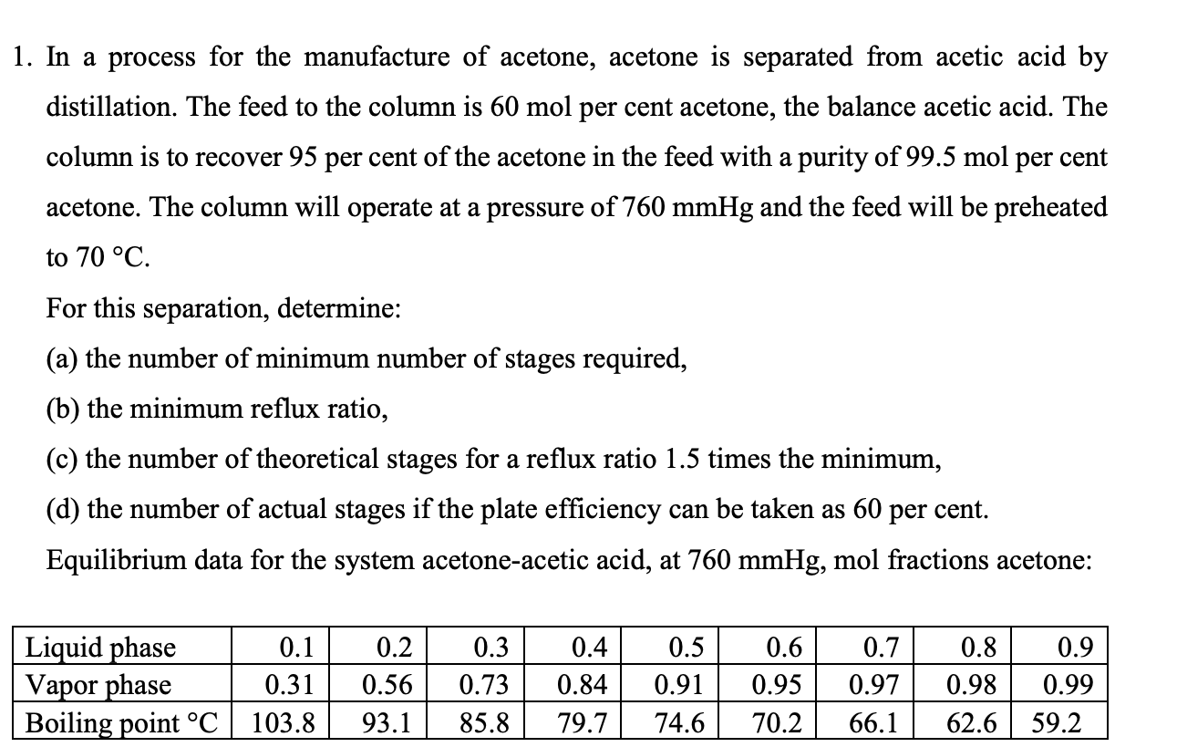 1. In a process for the manufacture of acetone, | Chegg.com