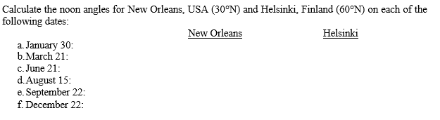 Solved Calculate the noon angles for New Orleans, USA (30∘N) | Chegg.com