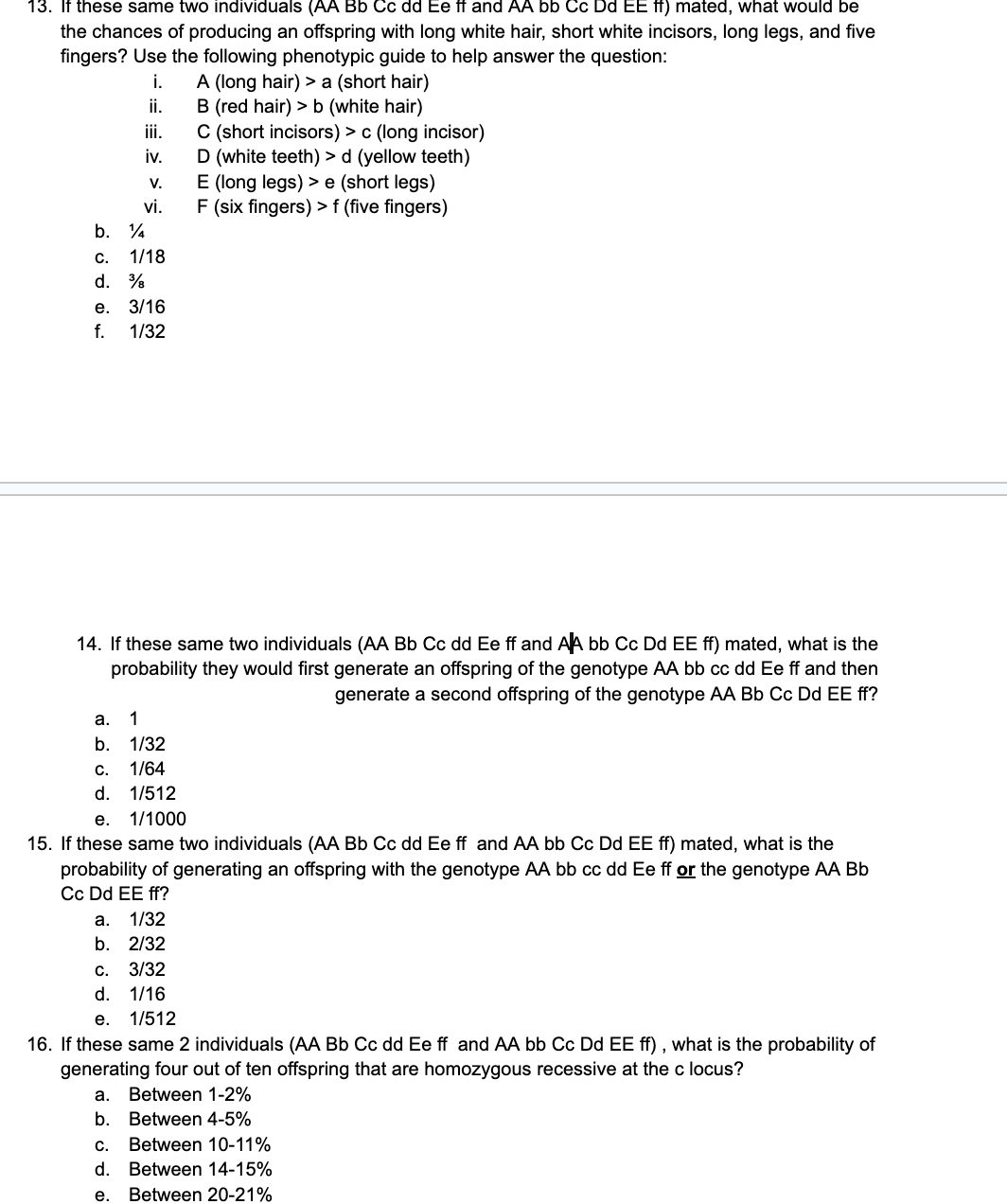 Solved 13. If these same two individuals ( AABbCc dd Ee ff | Chegg.com