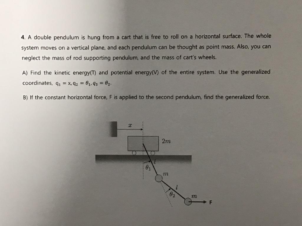 Solved 4. A double pendulum is hung from a cart that is free | Chegg.com