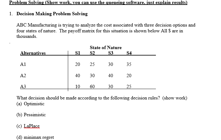 Solved Problem Solving (Show work, you can use the queueing | Chegg.com