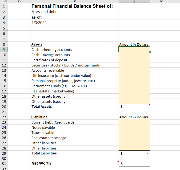 John and Mary’s Budget and Balance Sheet | Chegg.com