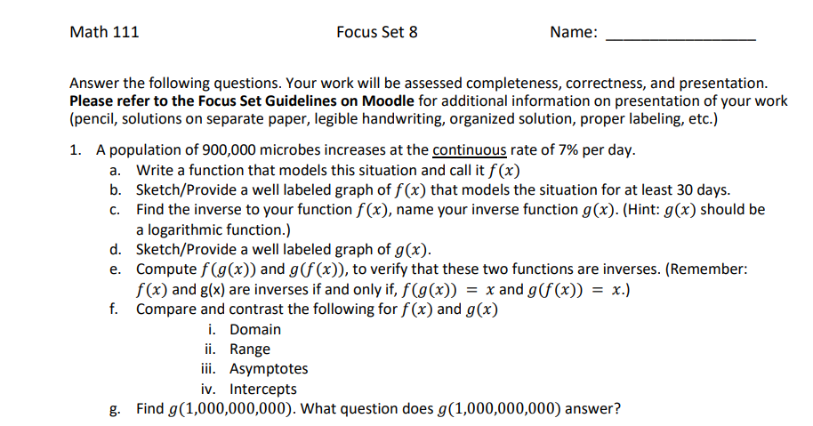 Solved Math 111 Focus Set 8 Name: Answer the following | Chegg.com