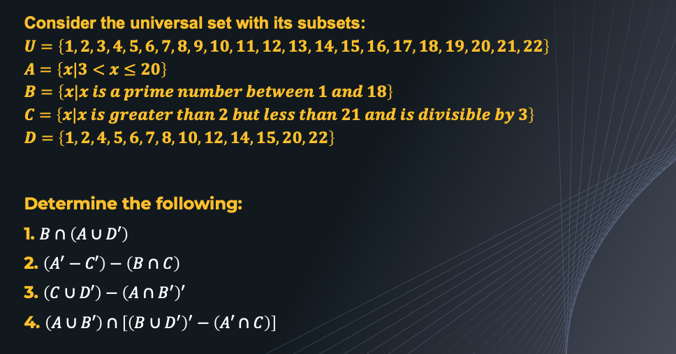 Solved Consider the universal set with its subsets: U = {1, | Chegg.com