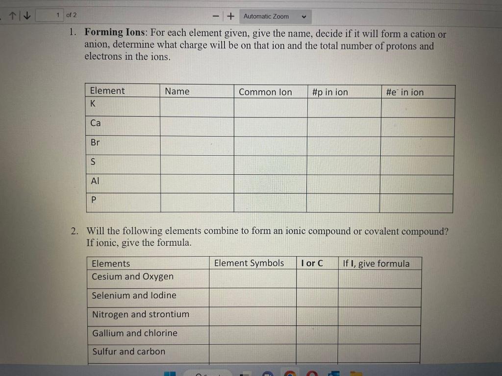 Solved 1. Forming Ions: For each element given, give the | Chegg.com