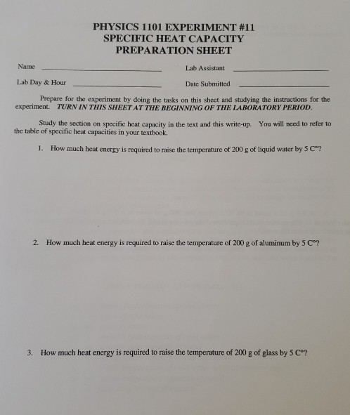 Solved PHYSICS 1101 EXPERIMENT #11 SPECIFIC HEAT CAPACITY | Chegg.com