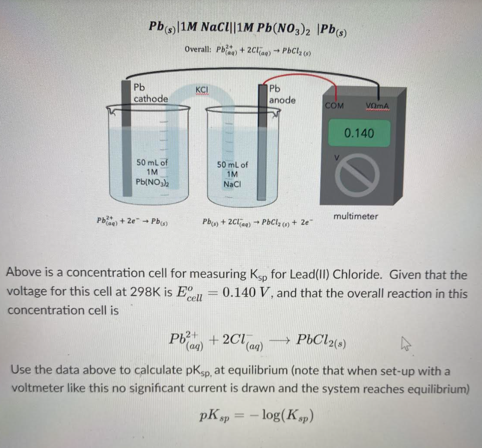 Solved Pb(s)|1M NaCl||1M Pb(NO3)2 \Pb(s) ) Overall: Pb?aq) + | Chegg.com