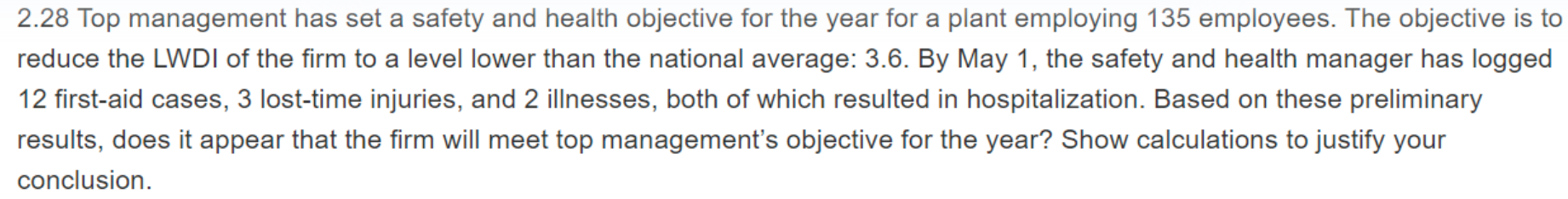 Solved 2.28 Top management has set a safety and health | Chegg.com