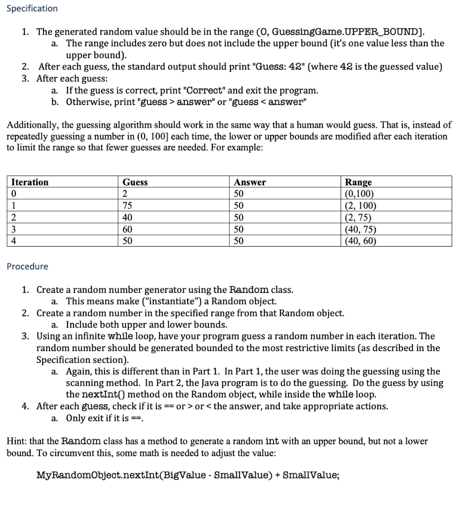 Solved Specification 1. The generated random value should be | Chegg.com