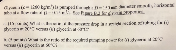 Solved Glycerin (p 1260 kg/m3) is pumped through a D- 150 mm | Chegg.com