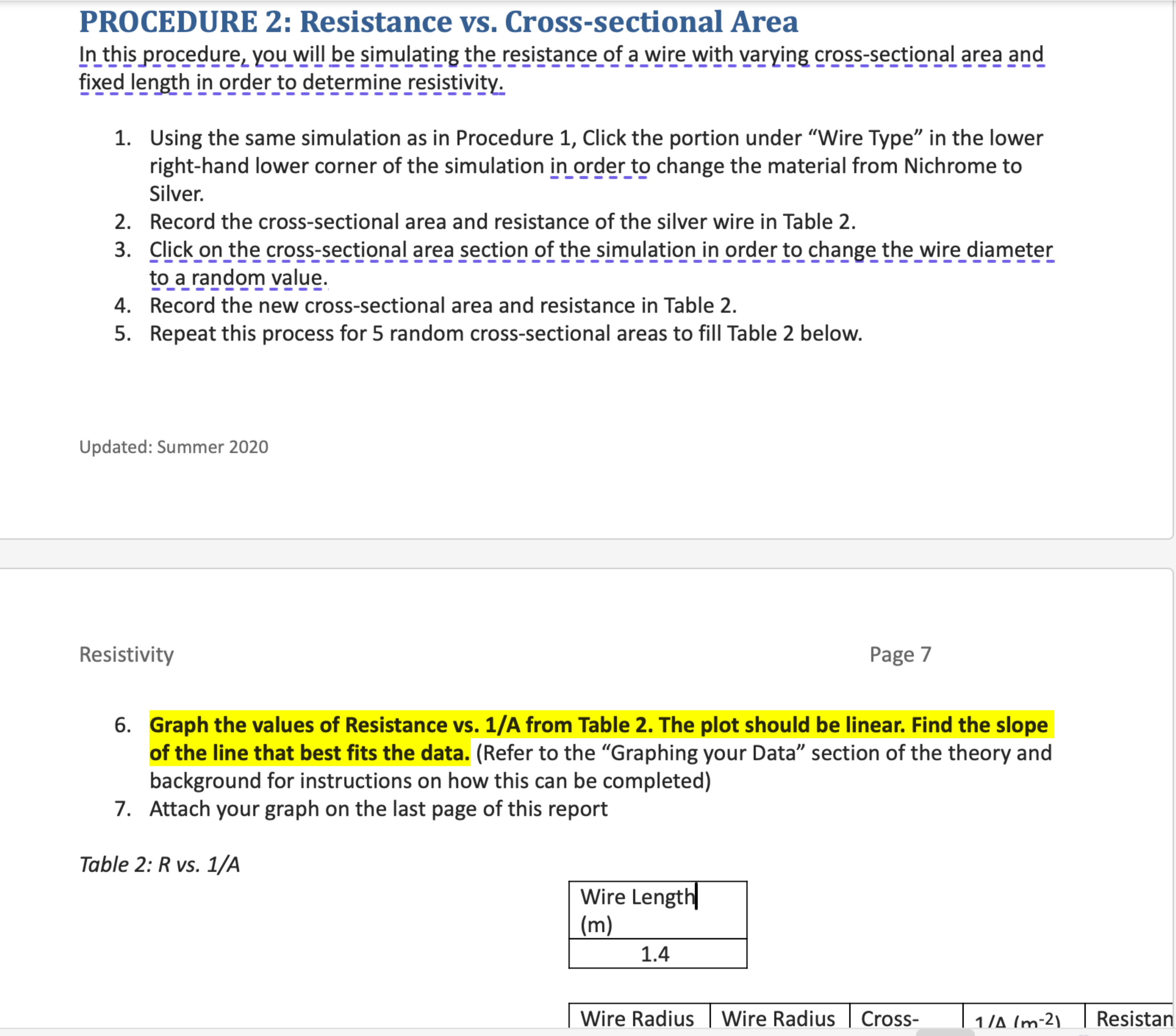 Solved PROCEDURE 2: Resistance vs. ﻿Cross-sectional Area | Chegg.com