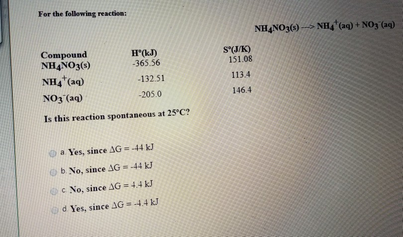 Solved For the following reaction: NH4NO3(s) NH4 (aq) +NO3 | Chegg.com