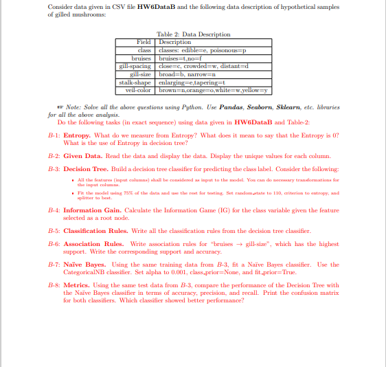 Solved Consider data given in CSV file HW6DataB and the | Chegg.com