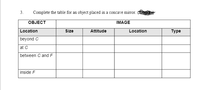 Solved 3. Complete the table for an object placed in a | Chegg.com