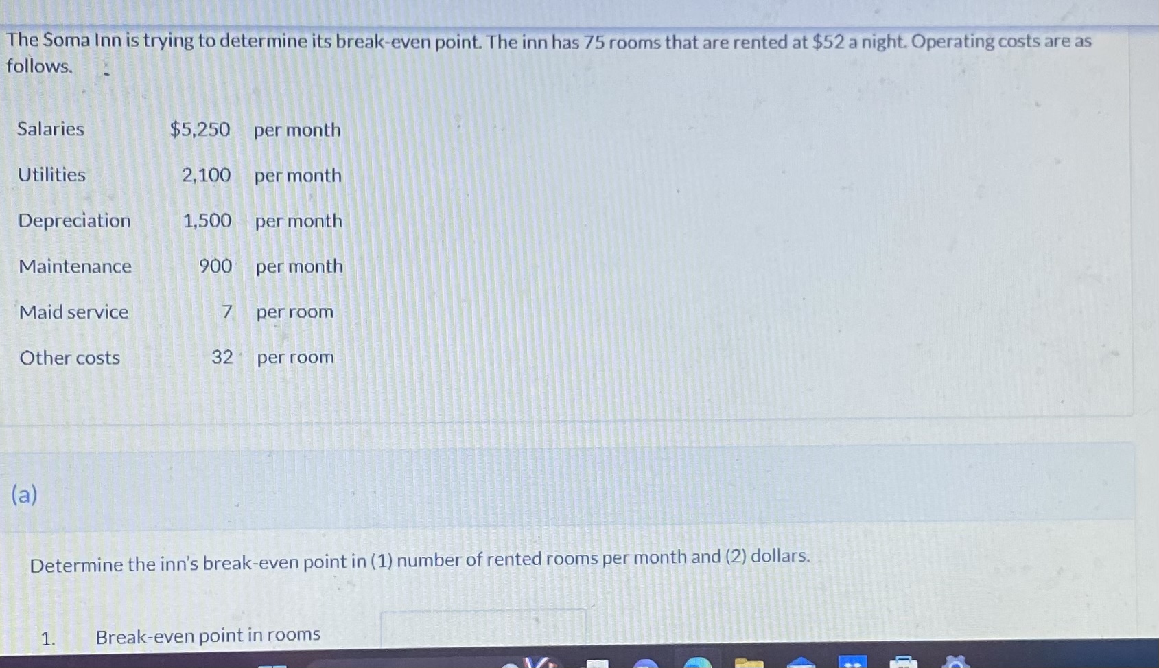 Solved The Soma Inn is trying to determine its break-even | Chegg.com