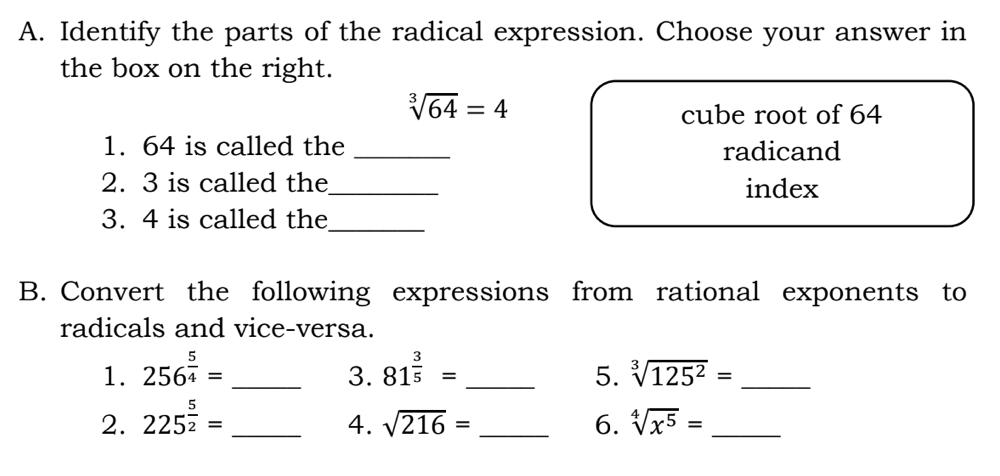 Solved = A. Identify the parts of the radical expression. | Chegg.com