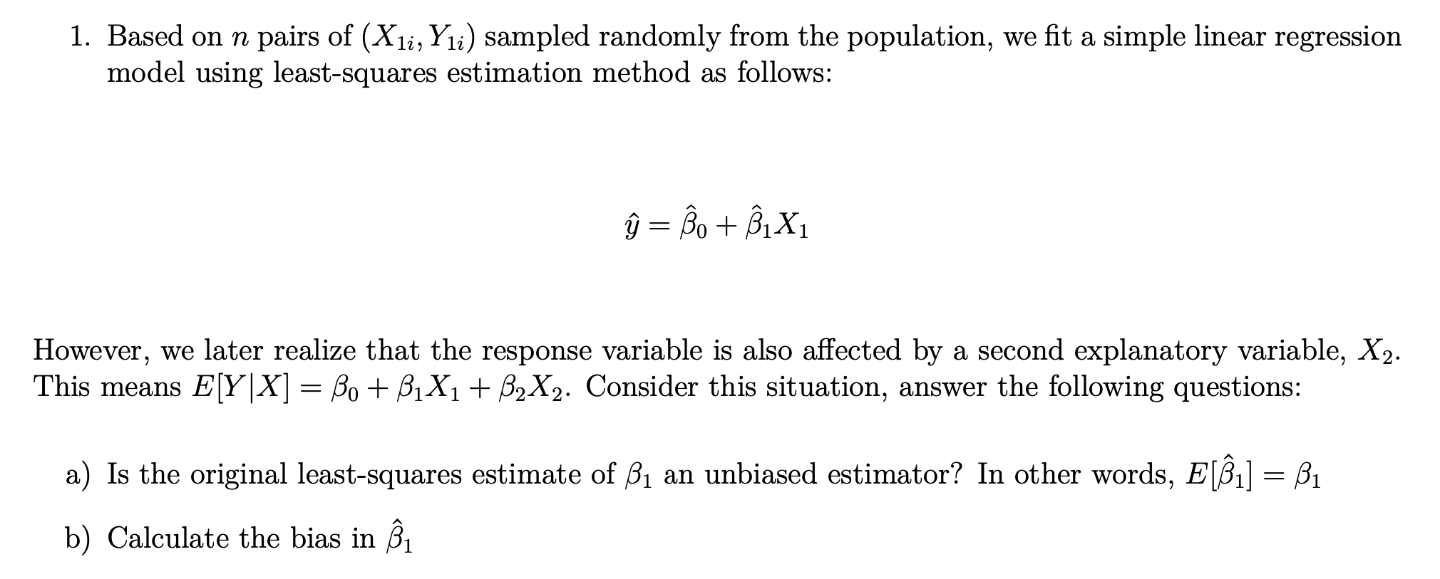 Solved 1. Based on n pairs of (X1i,Y1i) sampled randomly | Chegg.com