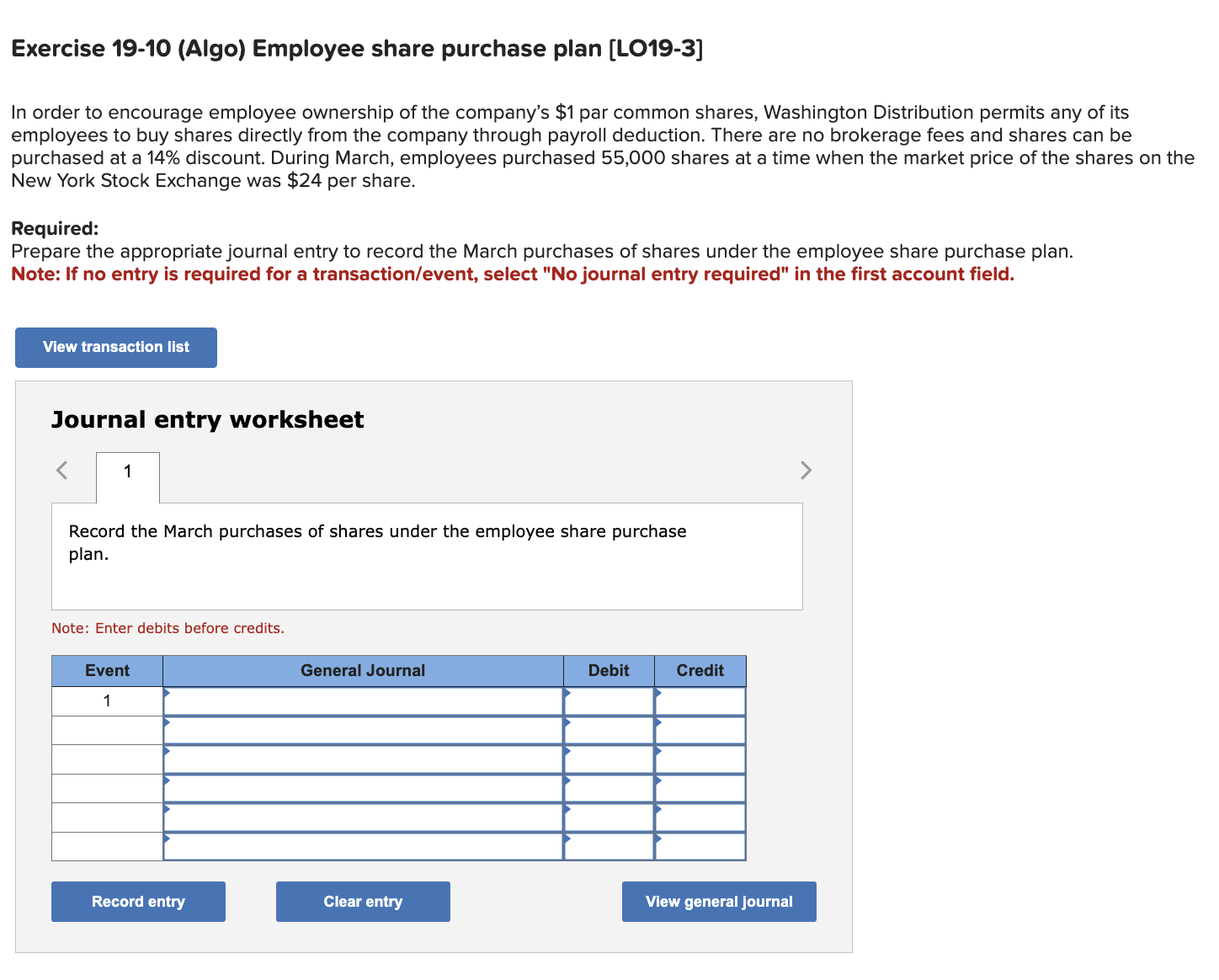 Solved Exercise 19-10 (Algo) ﻿Employee share purchase plan | Chegg.com