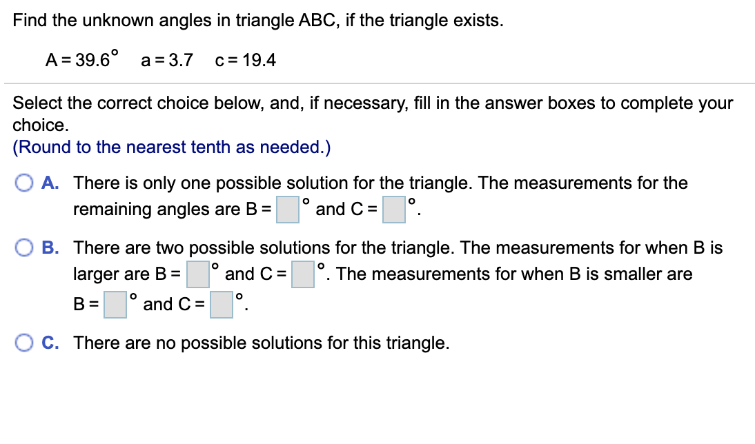 Solved Find the unknown angles in triangle ABC, if the | Chegg.com