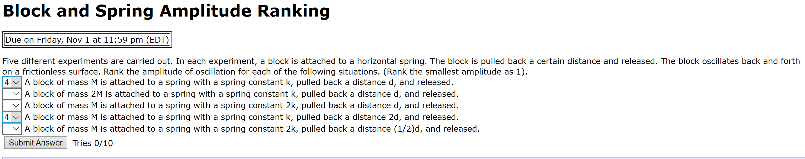 Solved Block and Spring Amplitude Ranking Due on Friday, Nov | Chegg.com