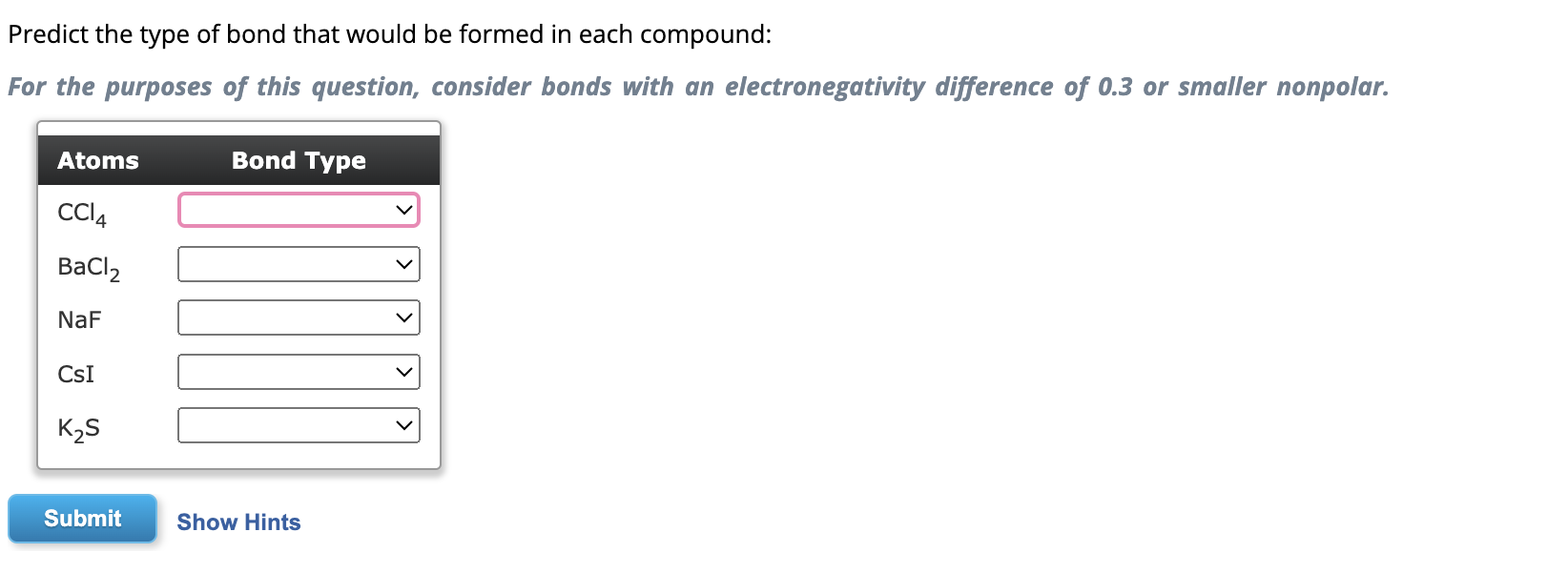 Solved Predict the type of bond that would be formed in each | Chegg.com