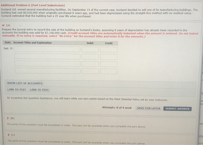 Solved Additional Problem 6 (Part Level Submission) Sunland | Chegg.com