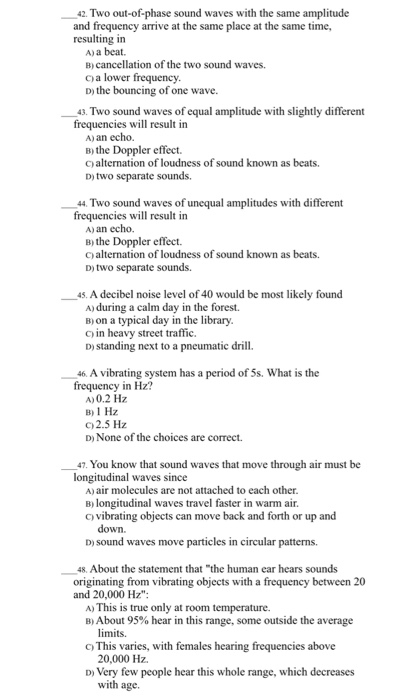 Solved 42. Two out-of -phase sound waves with the same | Chegg.com