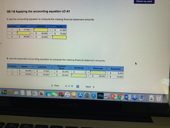 Solved Check my work QS 1-8 Applying the accounting equation | Chegg.com