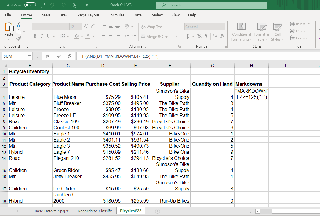 Solved For the bicycle inventory database write a logical IF | Chegg.com