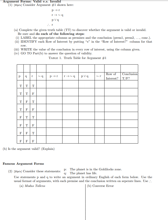 Solved Argument Forms Valid V S Invalid 1 [30pts]