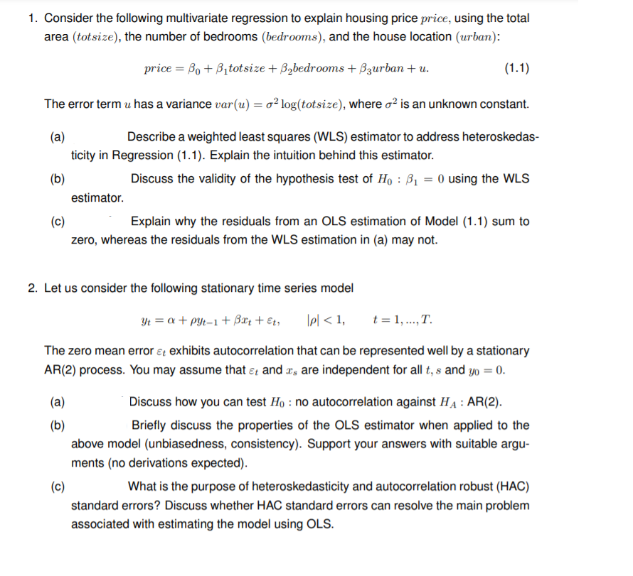Solved 1. Consider the following multivariate regression to | Chegg.com