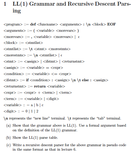 LL(1) Grammar and Recursive Descent Pars- ing 1 - | Chegg.com