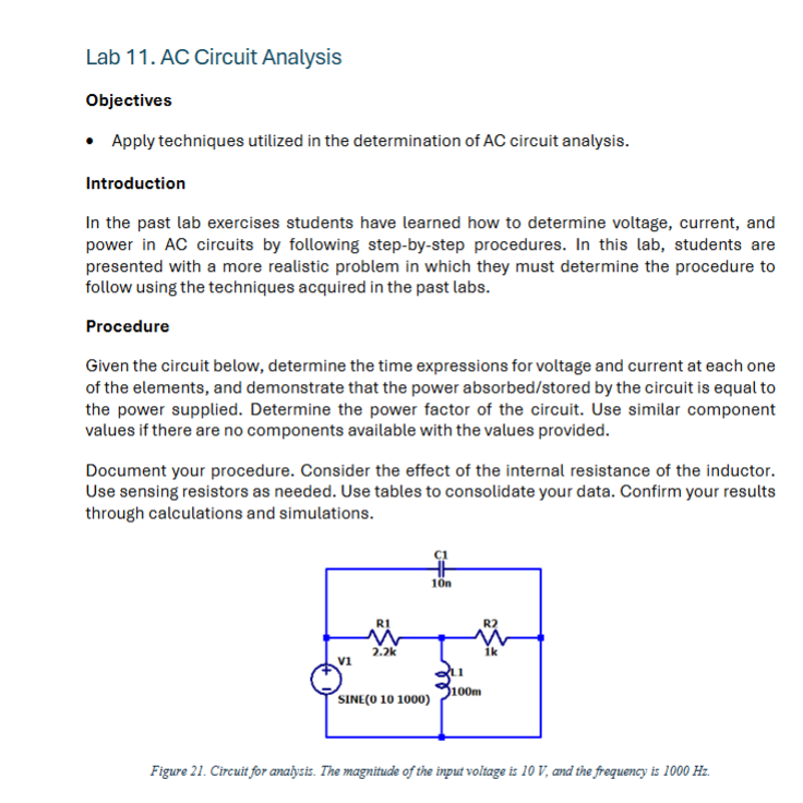 Solved Lab 11. ﻿AC Circuit AnalysisObjectivesApply | Chegg.com