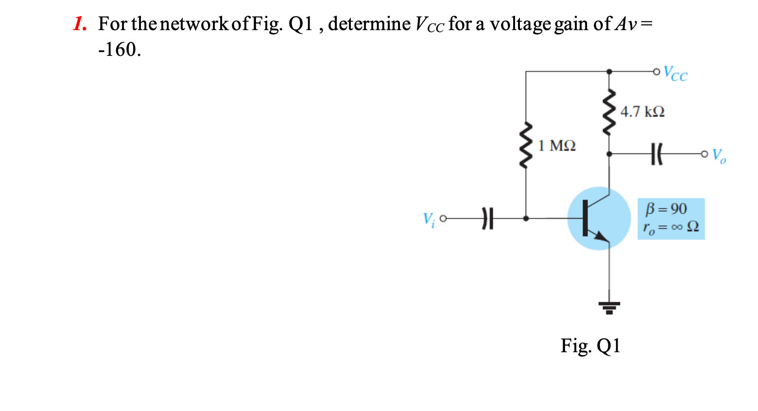 Solved 1. For the network of Fig. Q1, determine VCC for a | Chegg.com