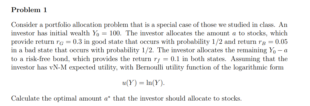 Consider a portfolio allocation problem that is a | Chegg.com