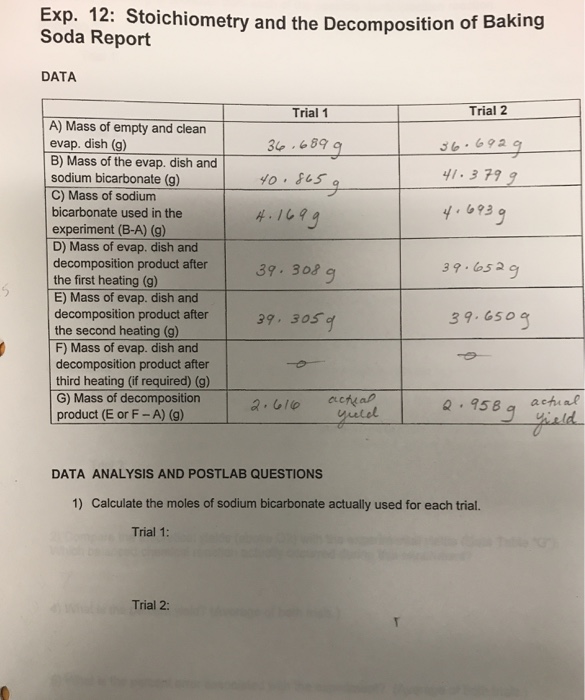 Solved Exp. 12: Stoichiometry and the Decomposition of Soda | Chegg.com