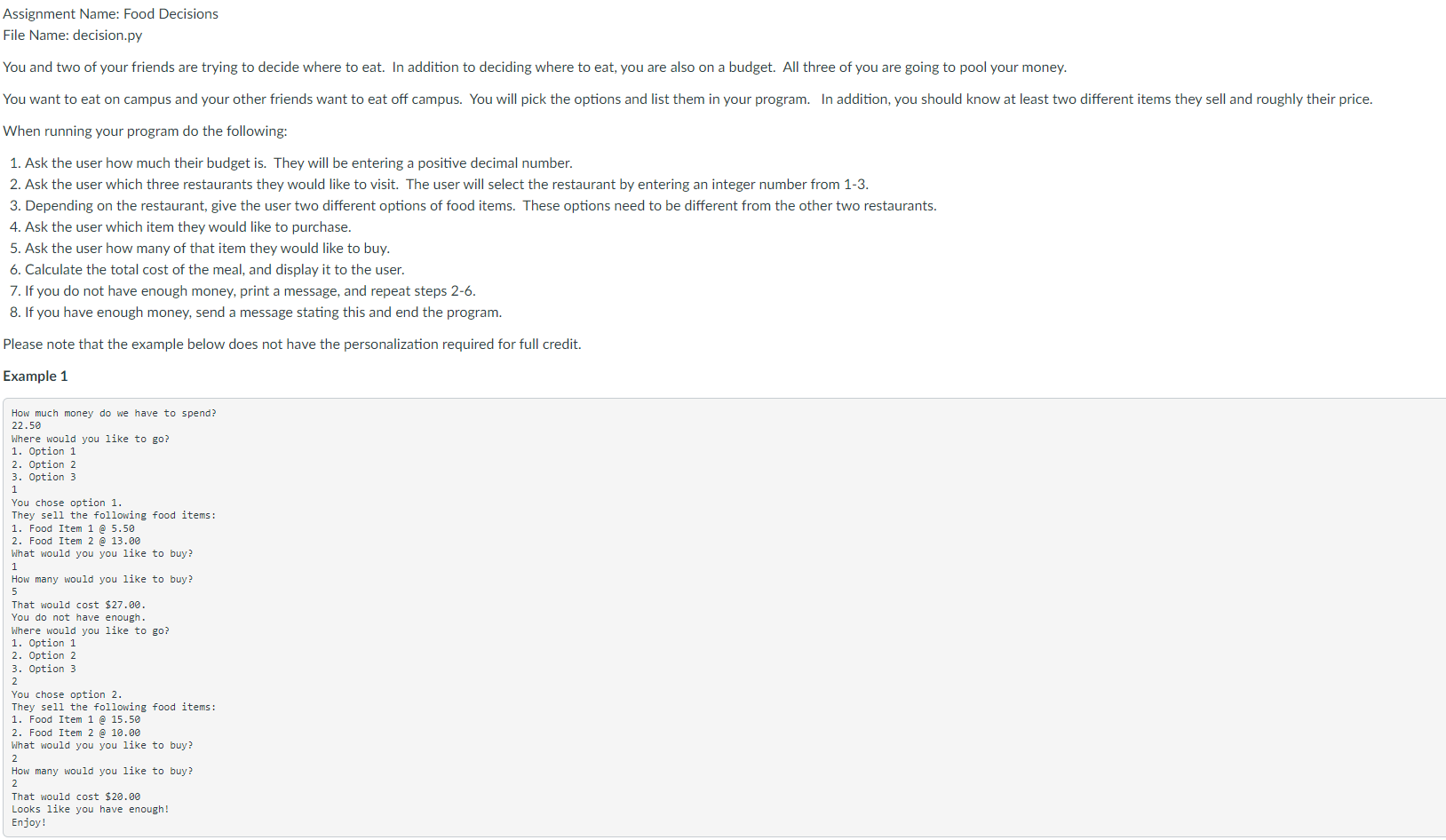 Assignment Name: Food Decisions File Name: | Chegg.com