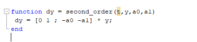 function dy second_order (t,v,a0, al) dy = [01; -a0 | Chegg.com